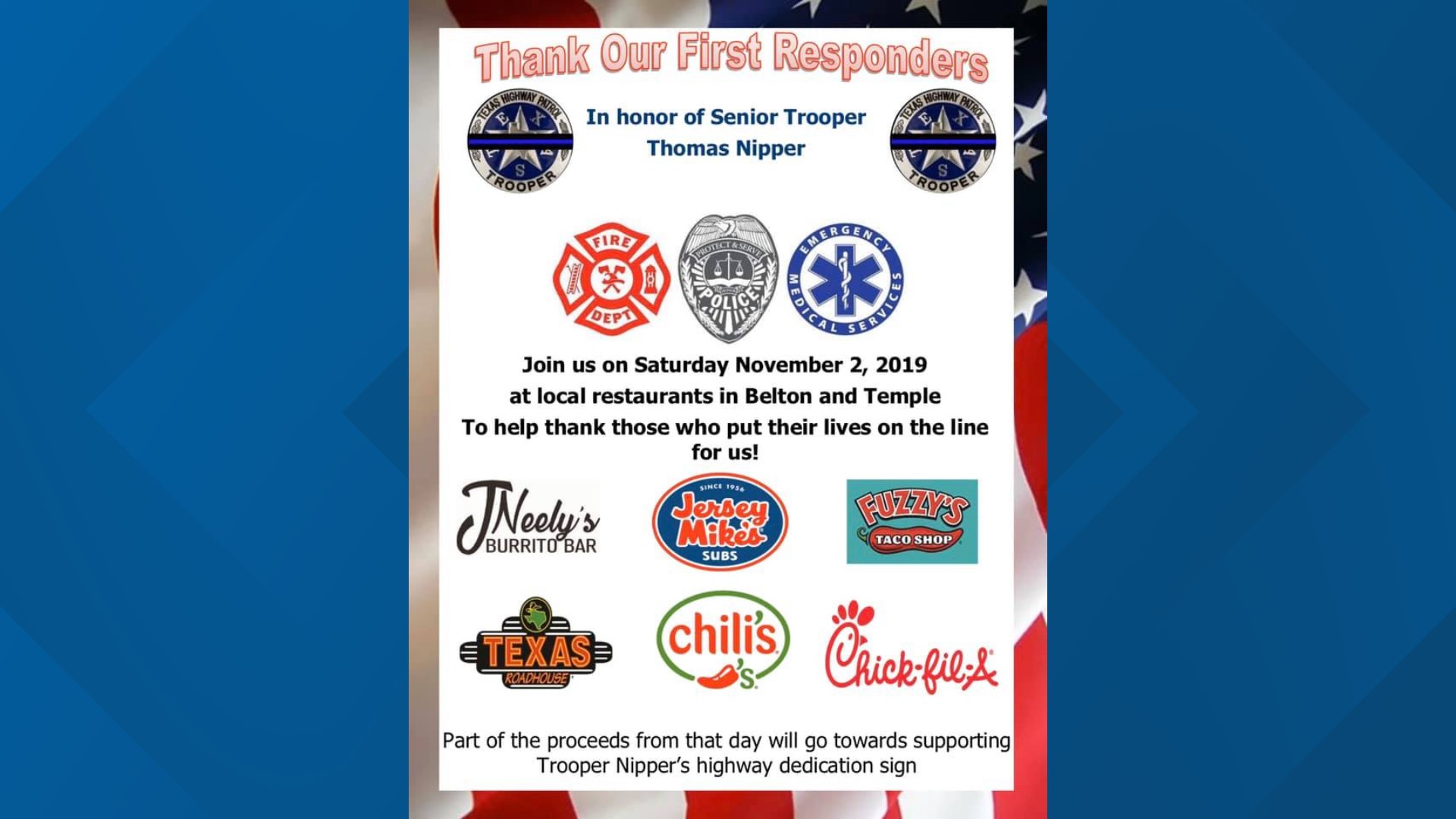 Local restaurants raising money for DPS I-35 dedication sign | kcentv.com