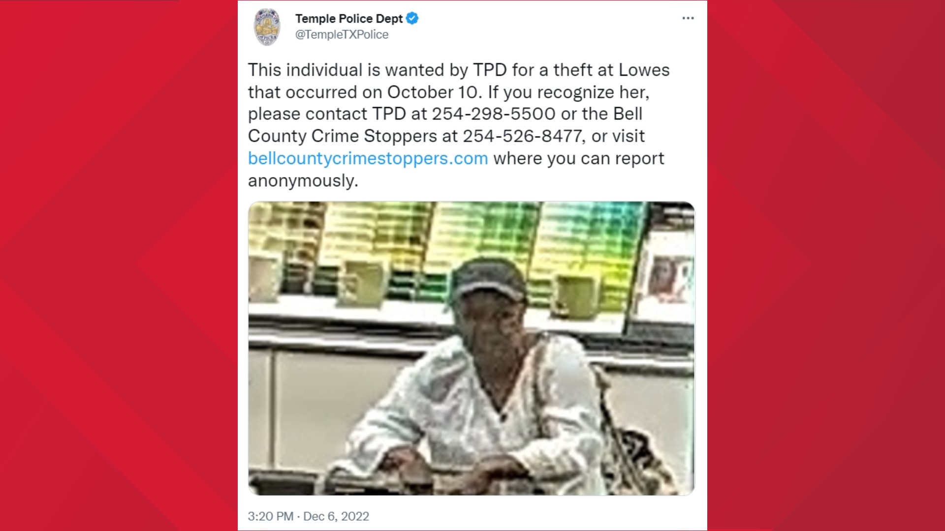 Temple Police Dept searching for Lowe's theft suspect | kcentv.com