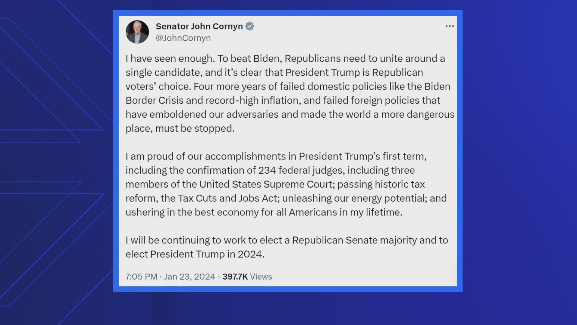 Senator John Cornyn announced endorsement of Donald Trump | kcentv.com