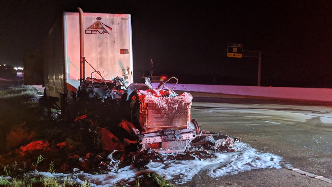 Driver injured after semi-trailer catches fire on I-35 | kcentv.com