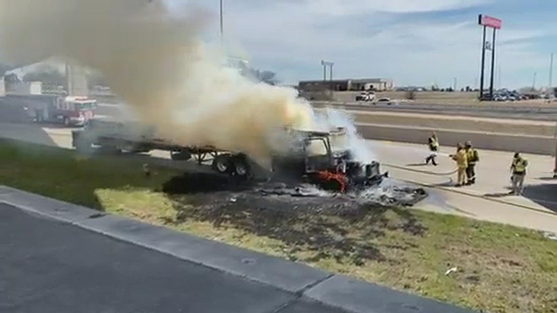 Semi-truck on fire southbound on I-35 near Hewitt | kcentv.com